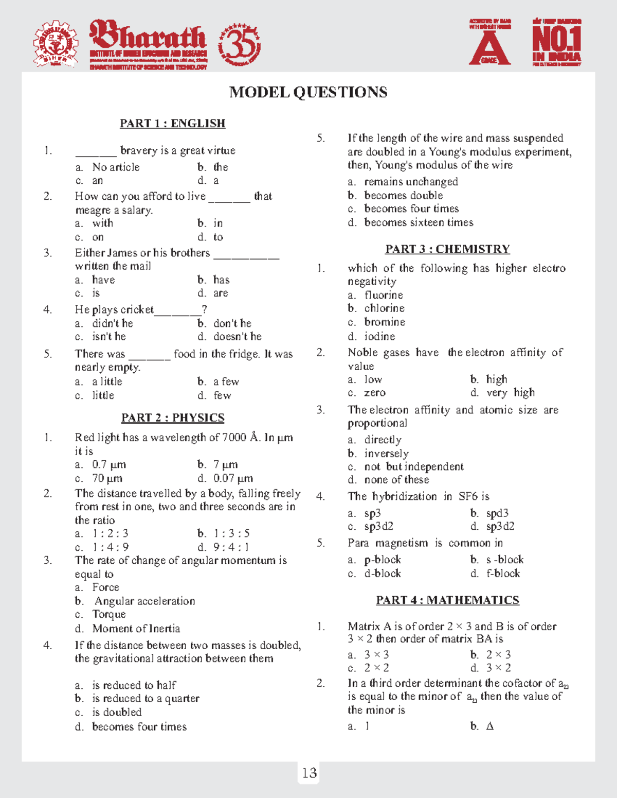 1555327042 BEEE Sample paper - PART 1 : ENGLISH _______ bravery is a ...
