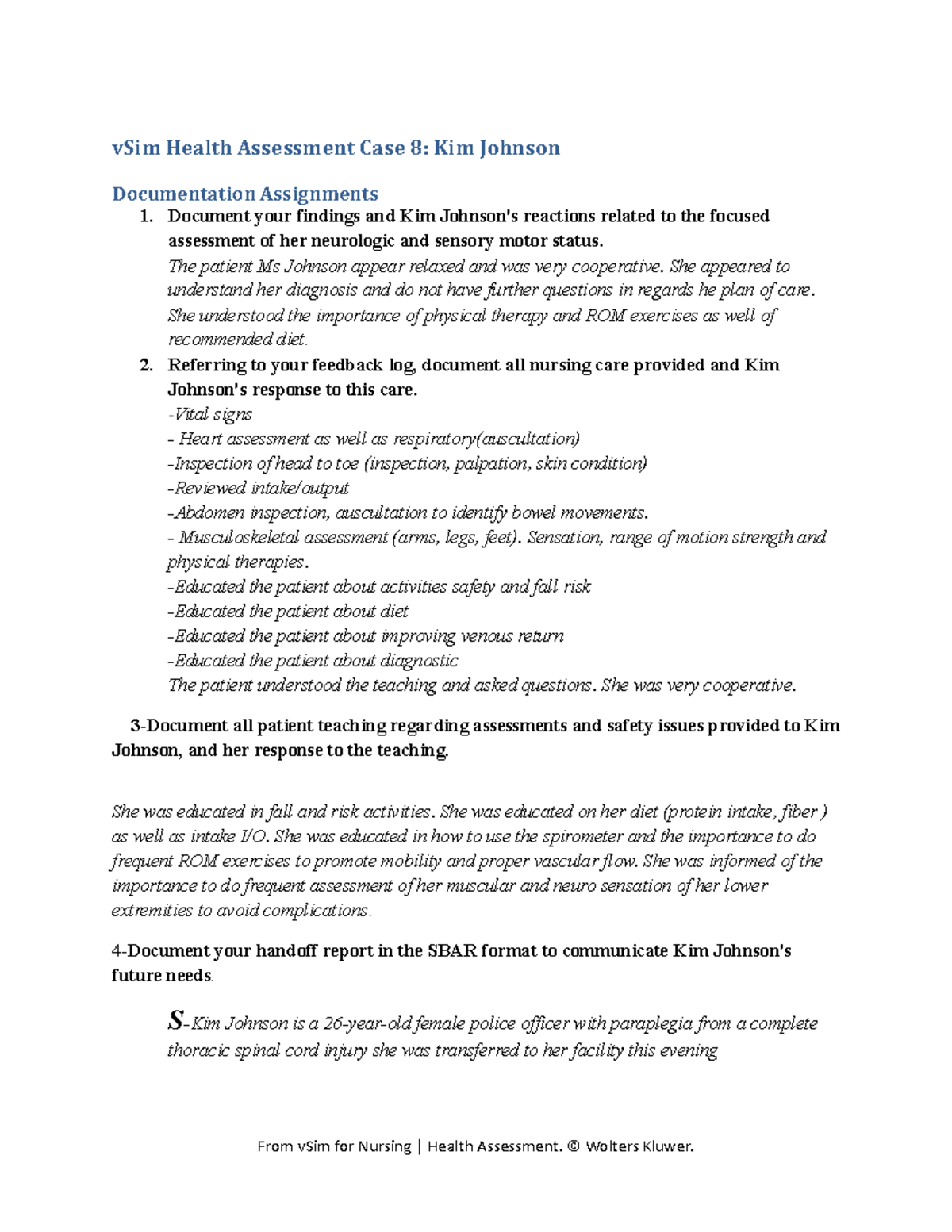 vSim Health Assessment Case Study: Kim Johnson NUR3069 - Studocu