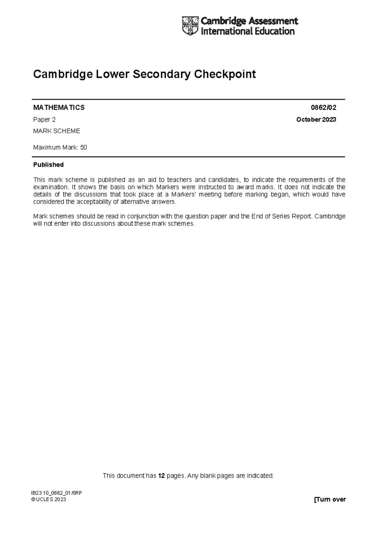 Cambridge Lower Secondary Checkpoint Mathematics Paper 2 Mark Scheme ...