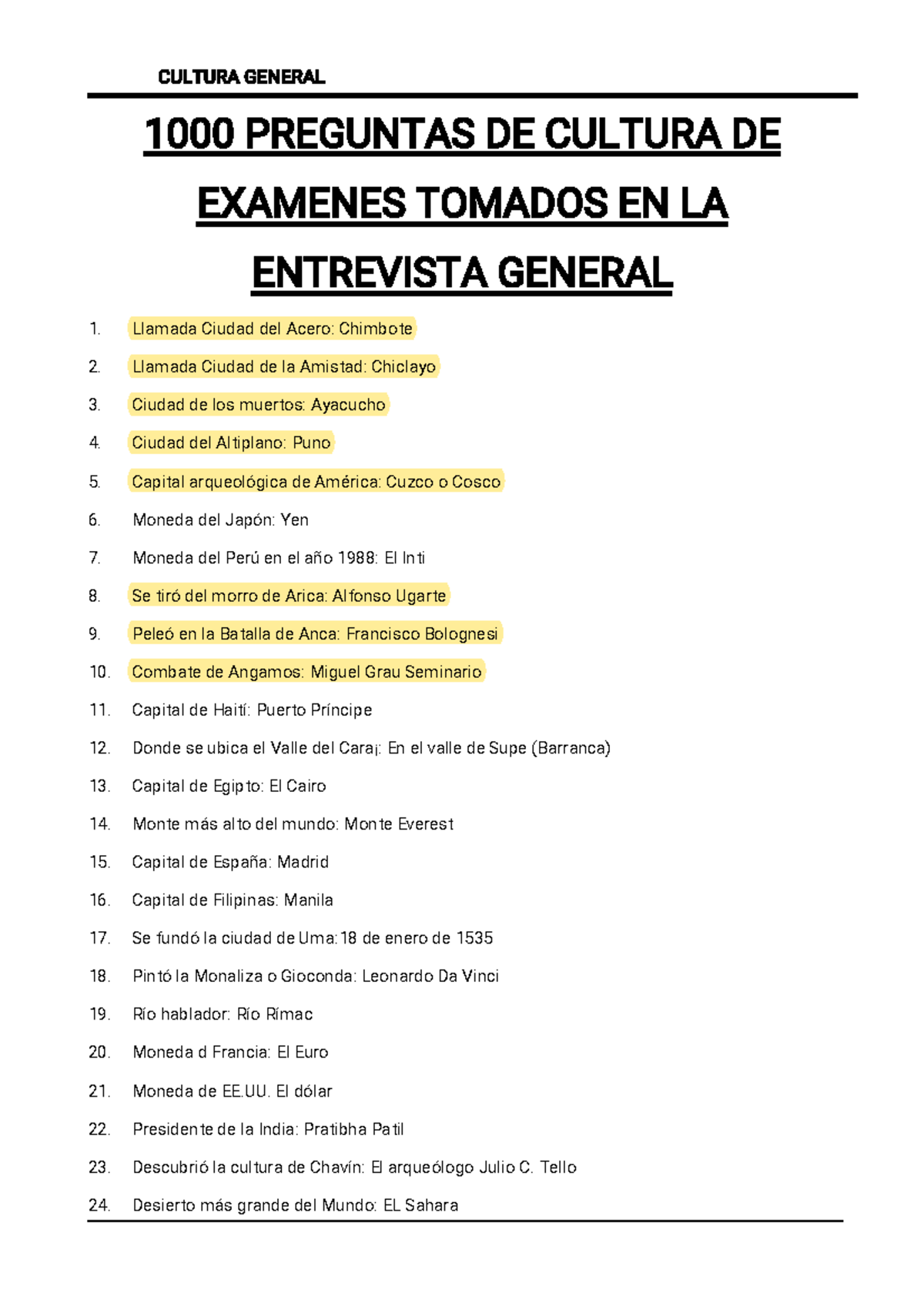 1000 Preguntas de Cultura General para Exámenes PNP - Studocu