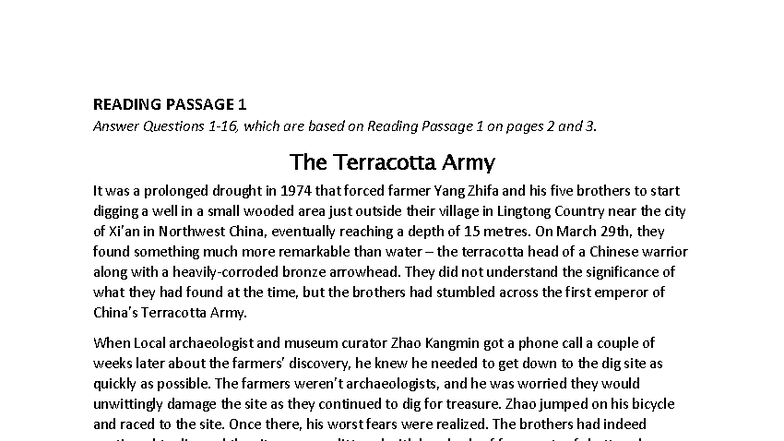 Terracotta Army Discovery: Reading Passage 1 Analysis (DAY 12) - Studocu