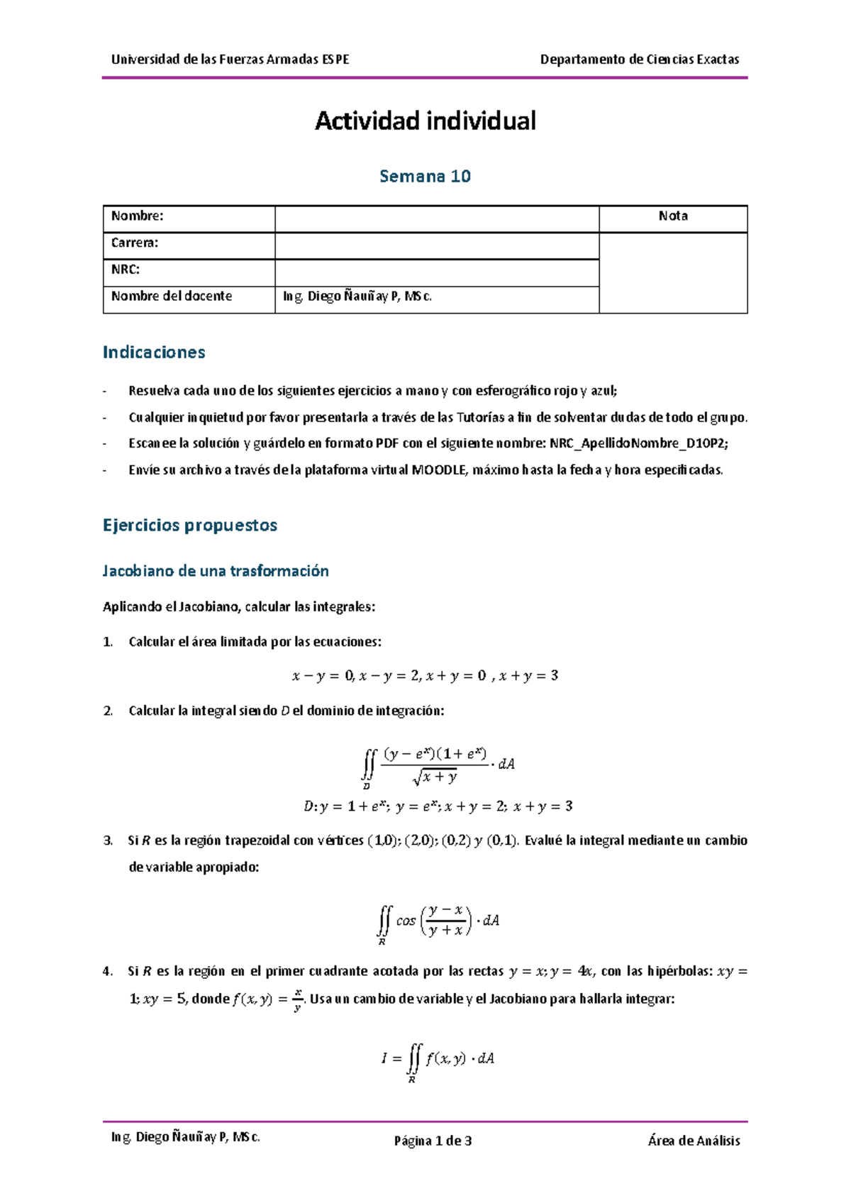 DCEX 10 Actividad Individual: Ejercicios de Jacobiano y Áreas - Studocu