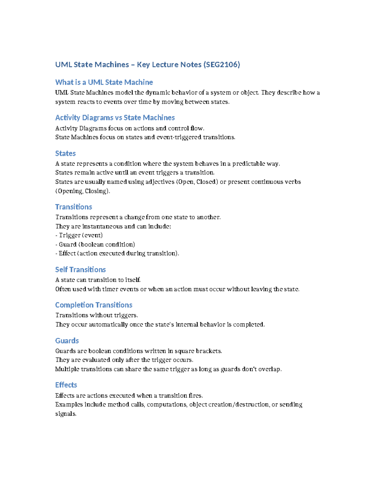 UML State Machines Key Lecture Notes (SEG2106) - Studocu