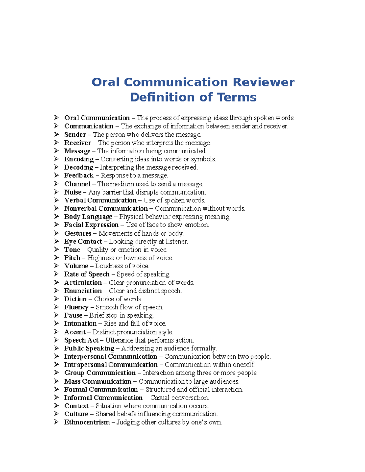 Oral Communication (OC 101) Key Terms and Concepts Review - Studocu
