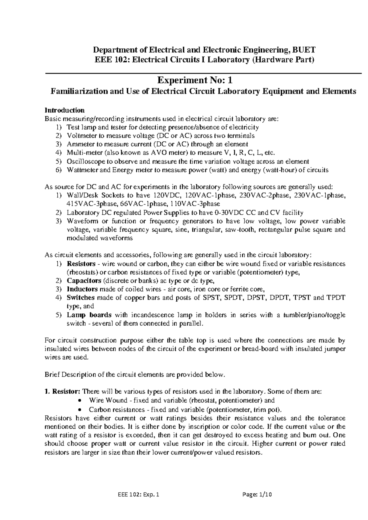 EEE 102 Lab Exp 1 - Familiarization with Electrical Equipment - Studocu