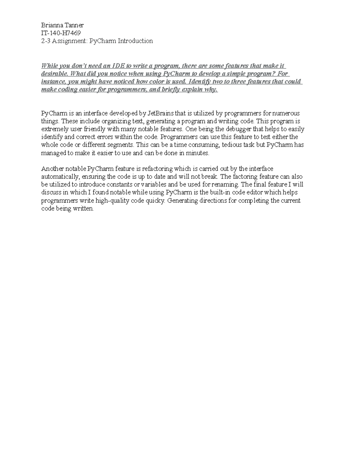 IT 140 2-3 Assignment: Exploring PyCharm Features for Coding - Studocu