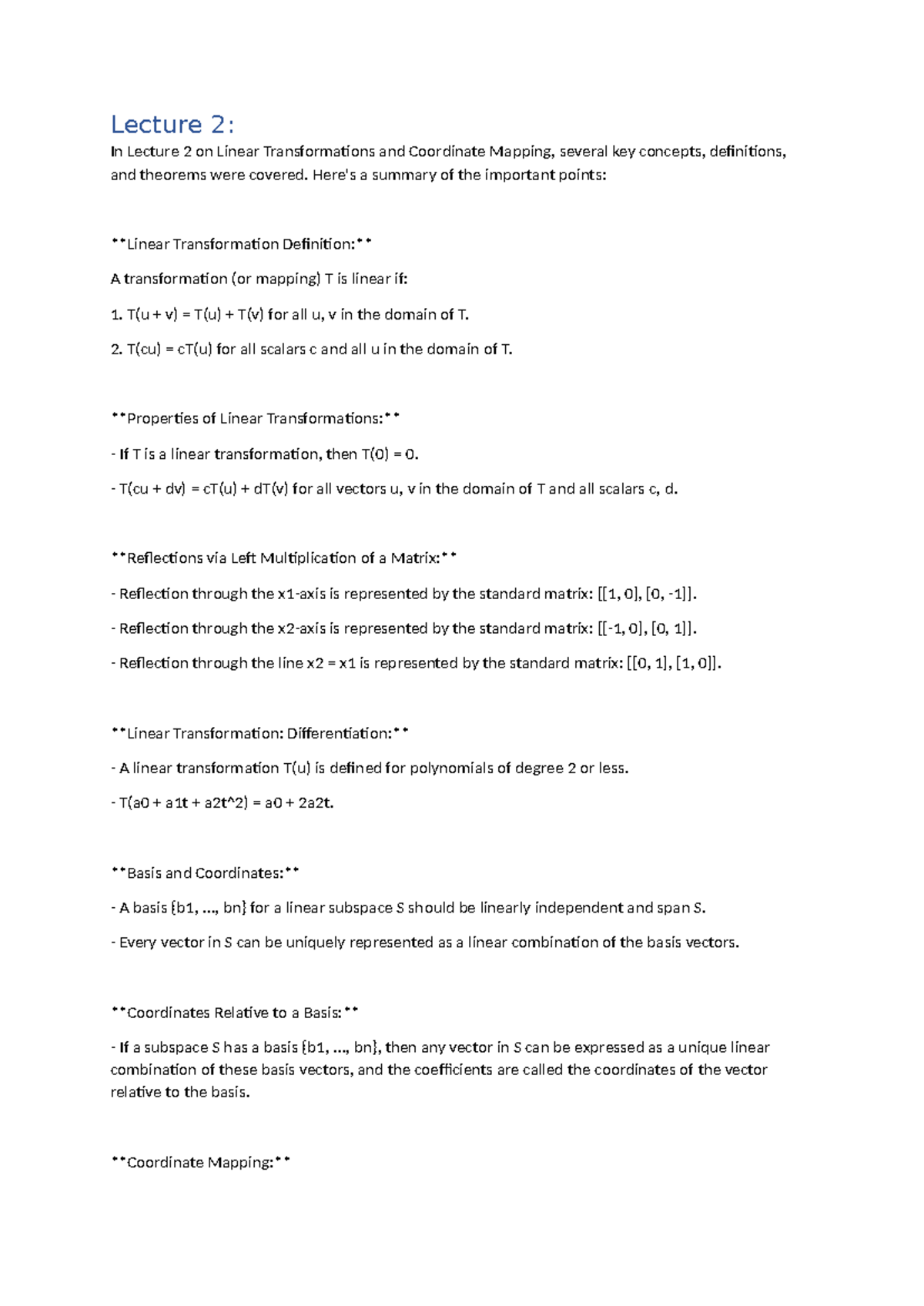 ALA Lecture Summaries: Linear Transformations, Eigenvalues & More - Studocu