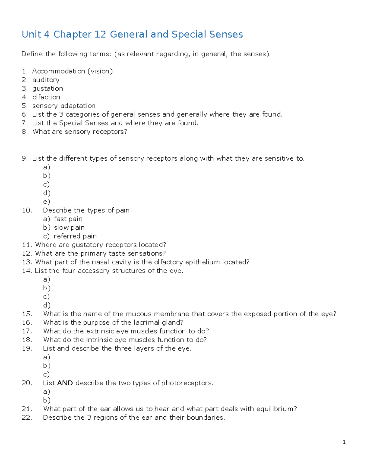 Unit 4: CH 12 General and Special Senses Study Guide - Studocu