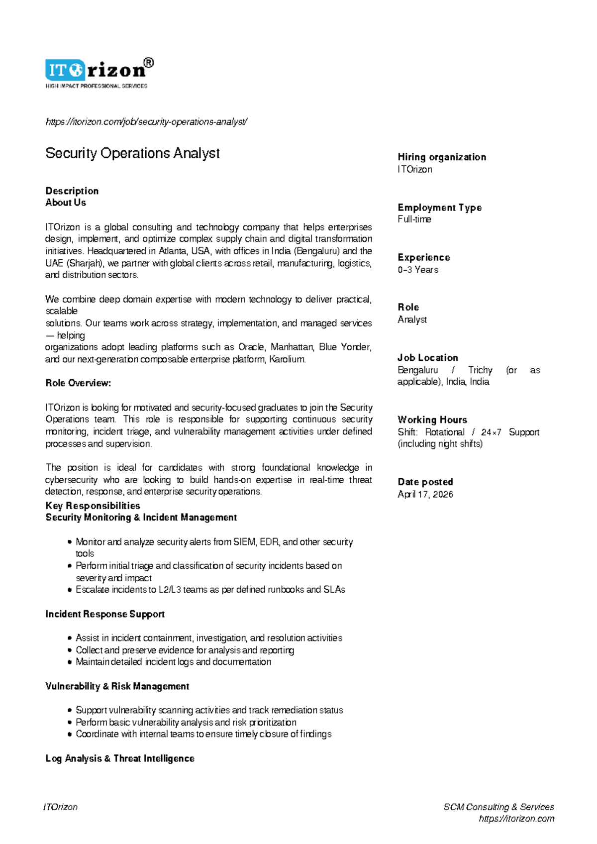 ITOrizon Security Operations Analyst Role Overview - April 2026 - Studocu