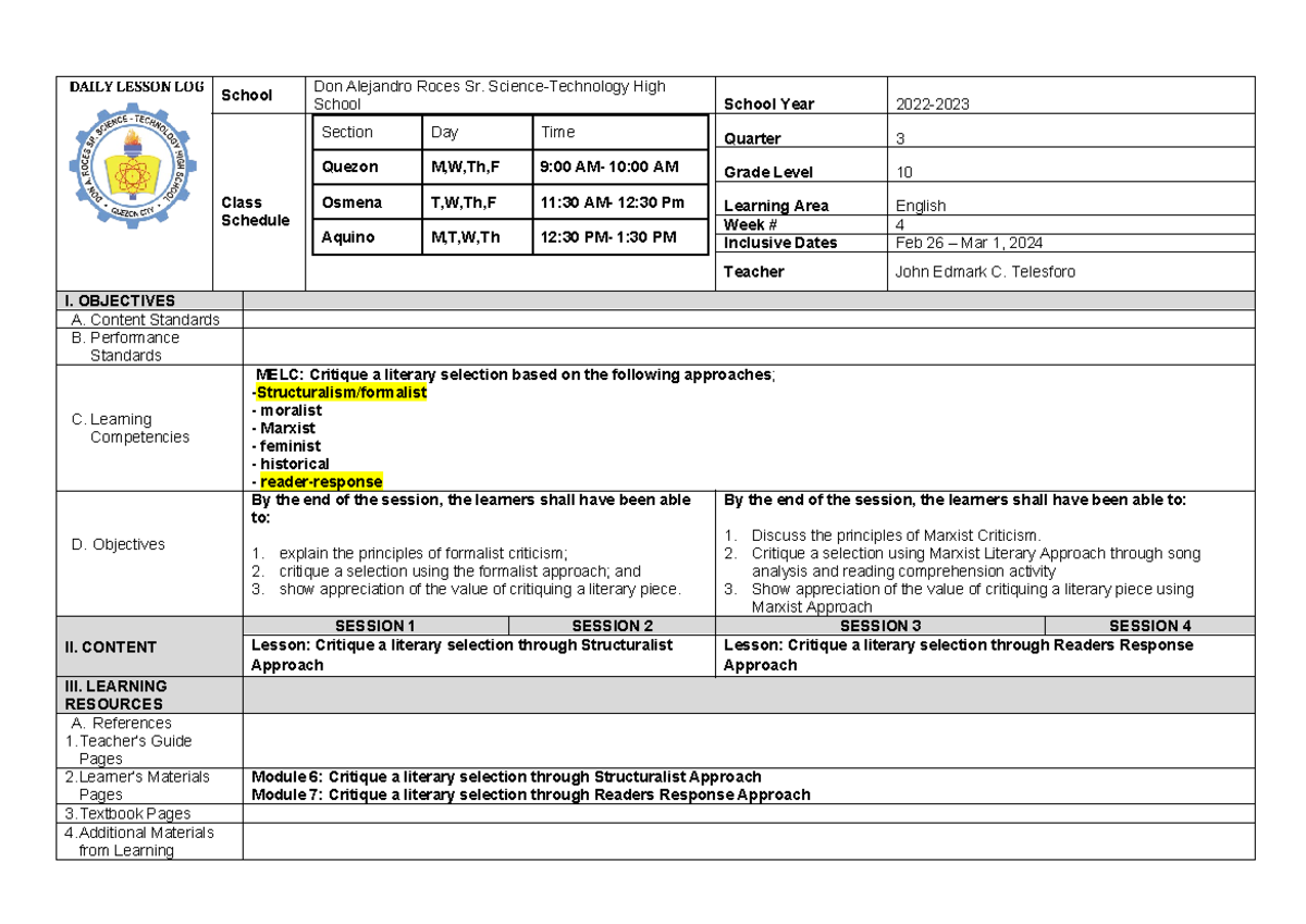 Q3 DLL Wk4-Eng10 - Comprehensive Lesson Plan on Literary Criticism ...