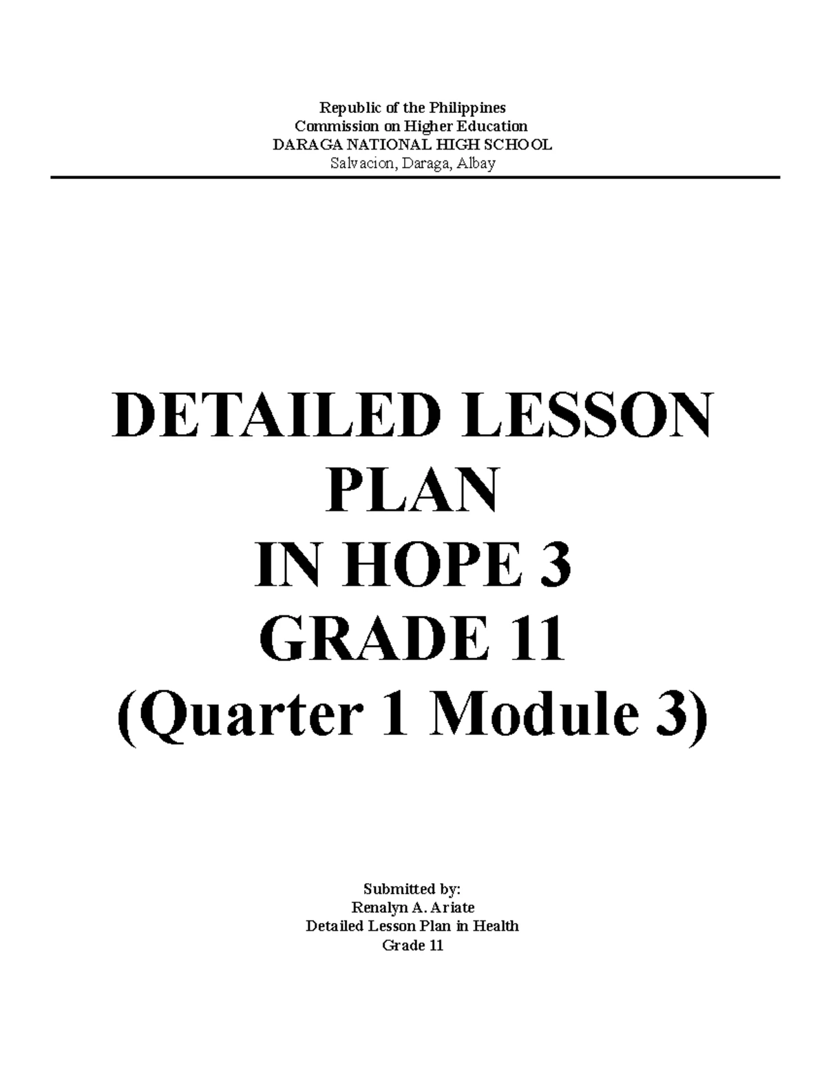 LESSON PLAN FOR ENGLISH HUMSS - Teacher: Mrs. Jennifer D. Fortu School ...