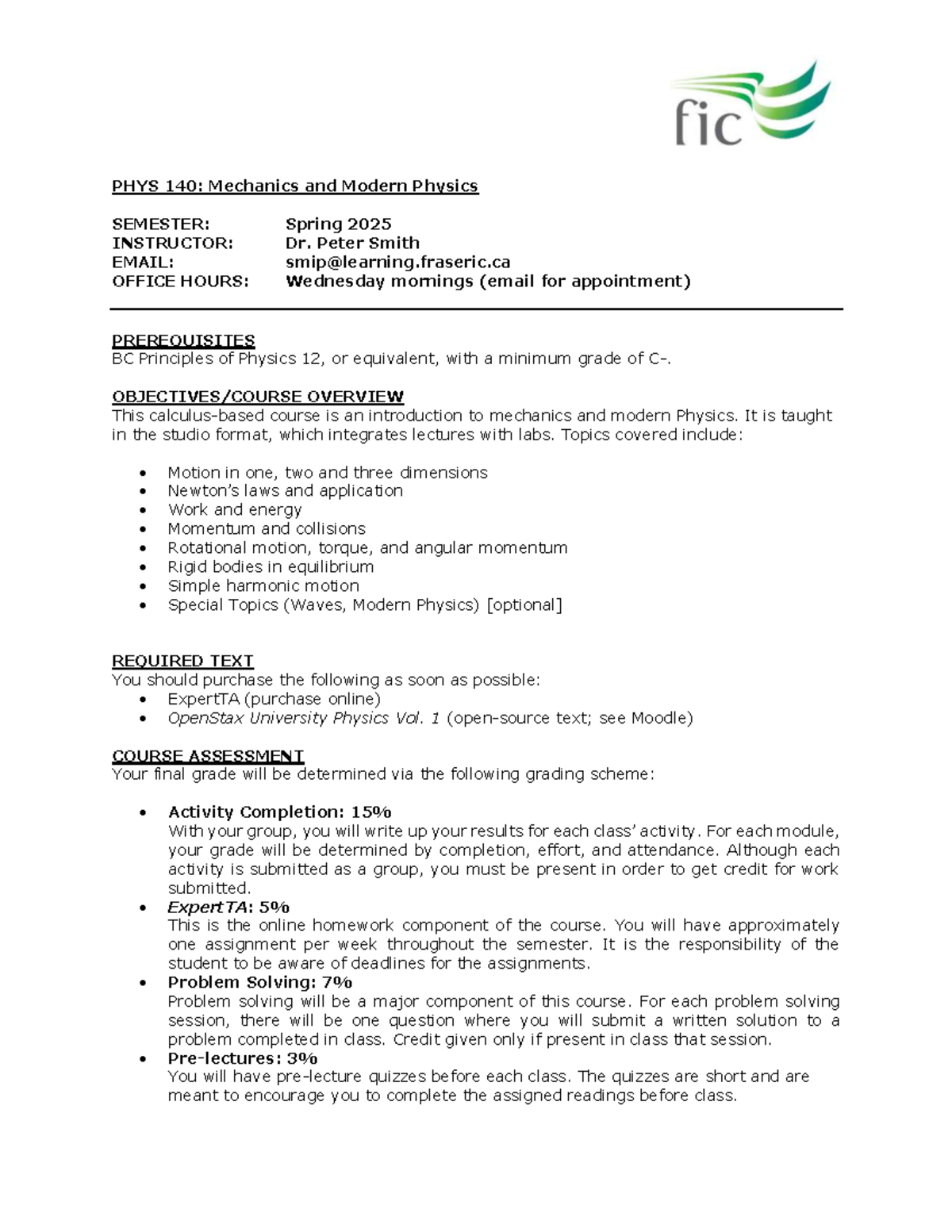 PHYS 140: Mechanics & Modern Physics Course Overview - Spring 2025 ...