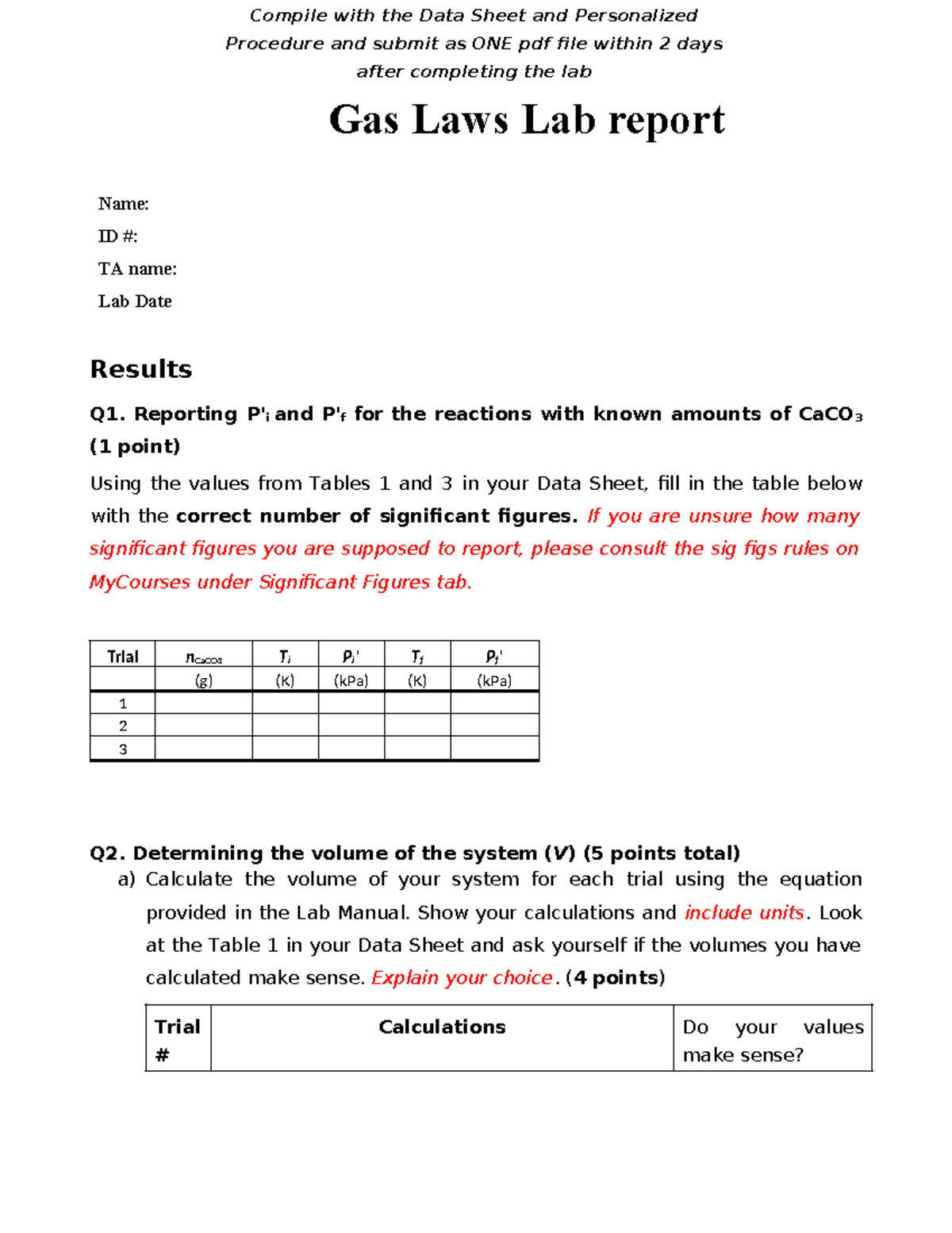 Gas Laws Lab Report Template v3 - Gas Laws Lab report Name: ID #: TA ...