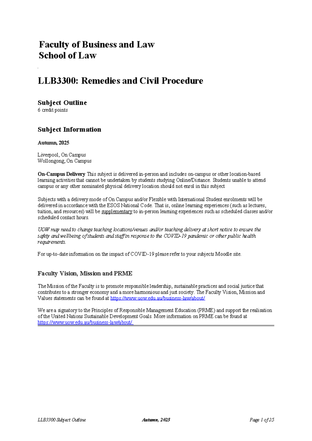 LLB3300: Remedies and Civil Procedure Subject Outline - Autumn 2025 ...