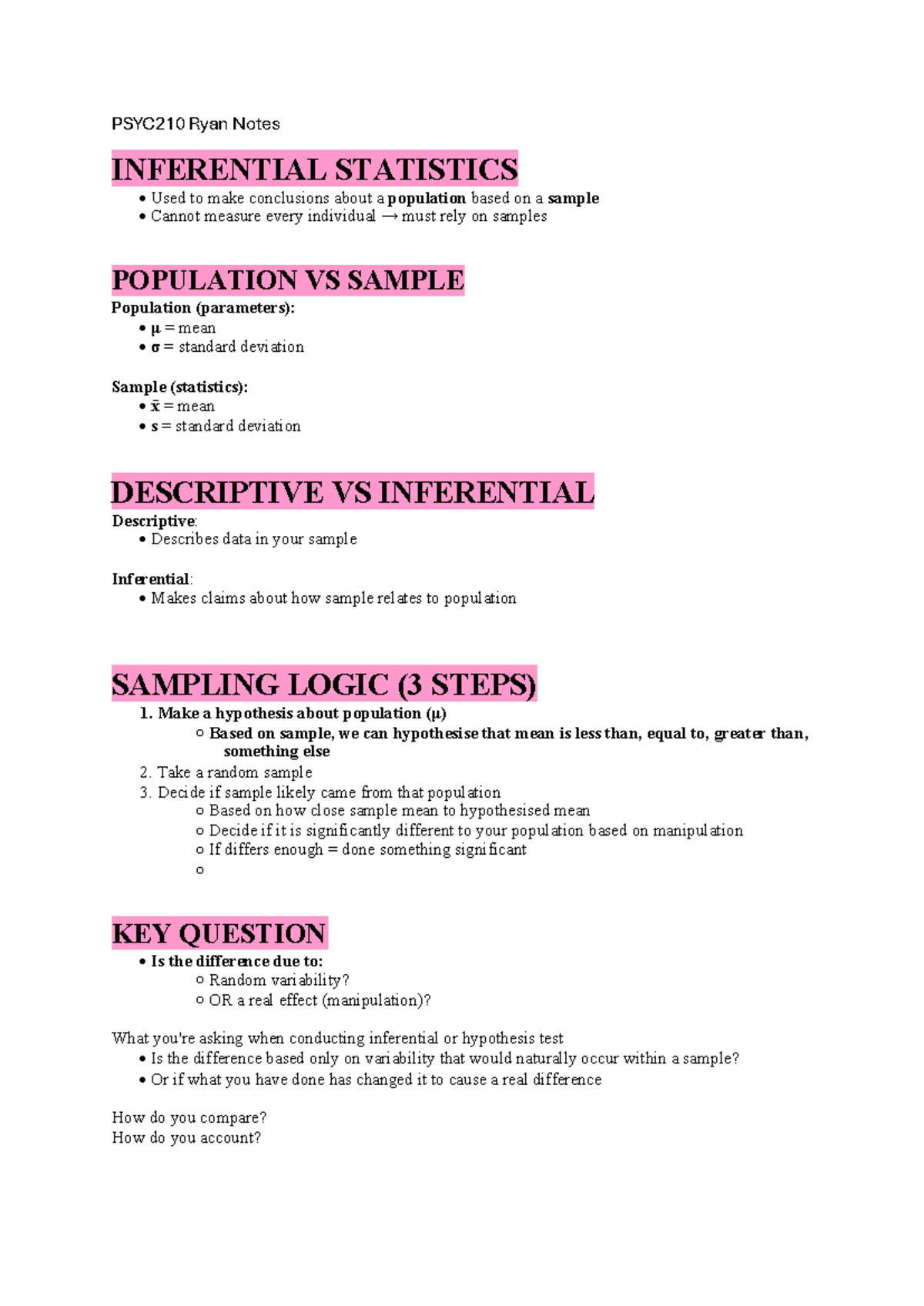 PSYC210 Lecture Notes: Inferential Statistics Overview - Studocu