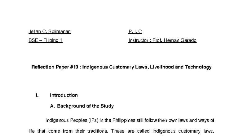 BSE Filipino 1 Reflection Paper on Indigenous Laws and Livelihood - Studocu