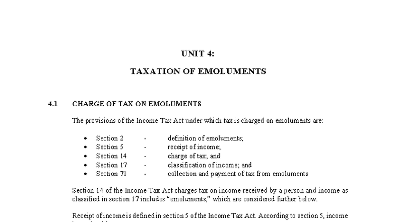 UNIT 4: TAXATION OF EMOLUMENTS - A Comprehensive Overview - Studocu