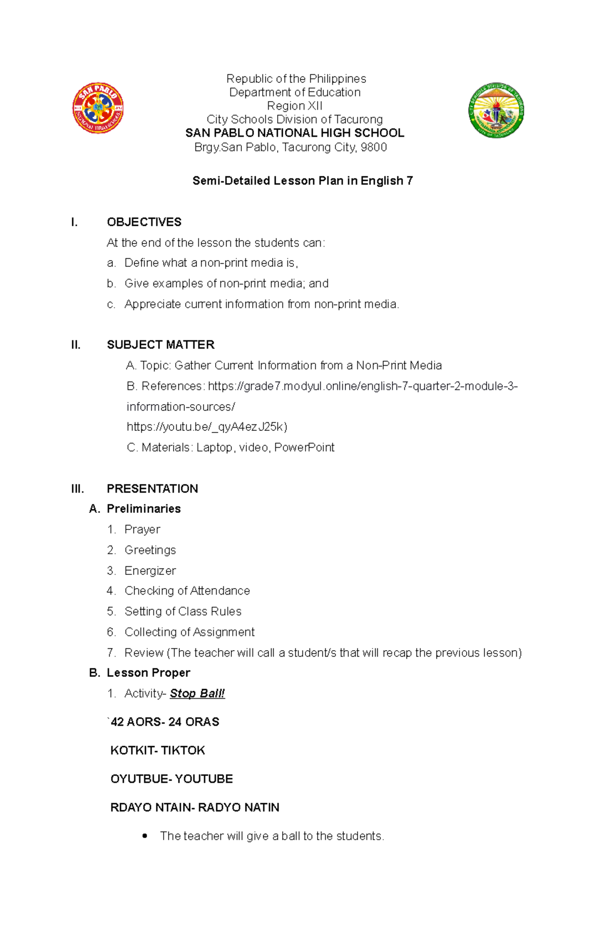 Semi-Detailed Lesson Plan on Non-Print Media (English 7) - Studocu
