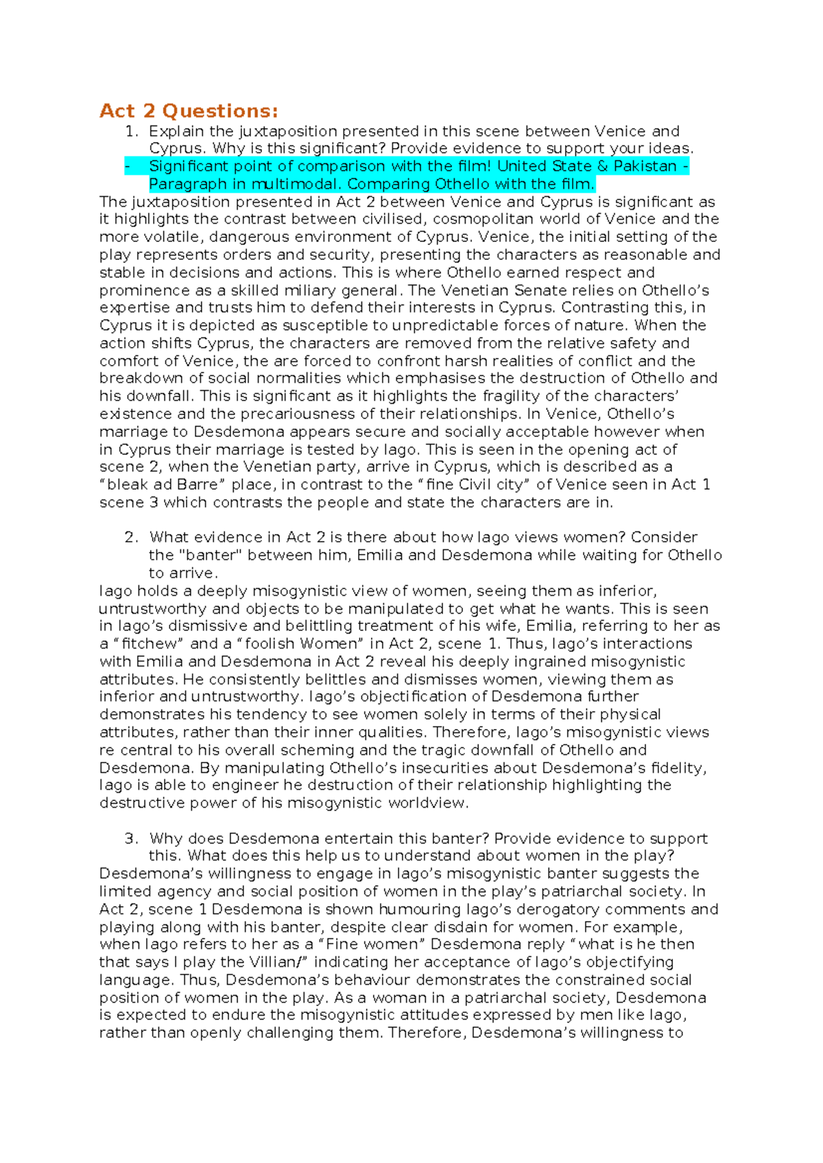 Act 2 & 3 Questions: Juxtaposition, Jealousy, and Manipulation in ...