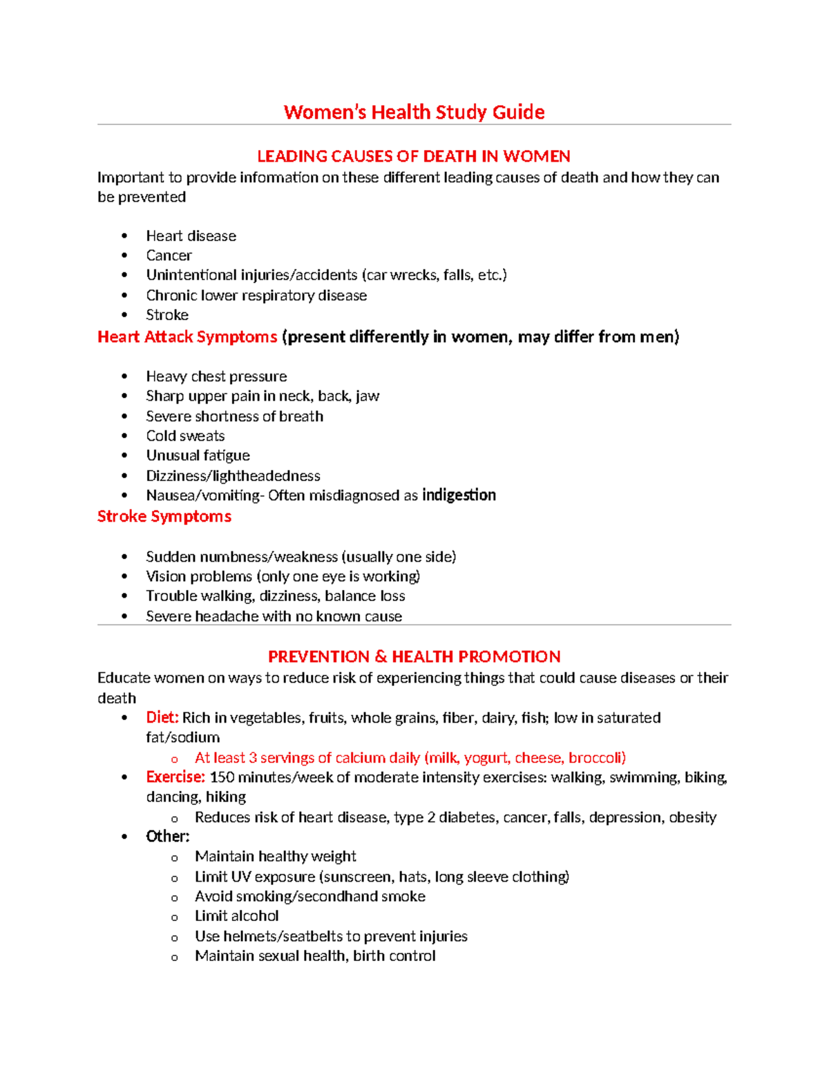 Health Study Guide: Leading Causes of Death in Women (Exam 5) - Studocu