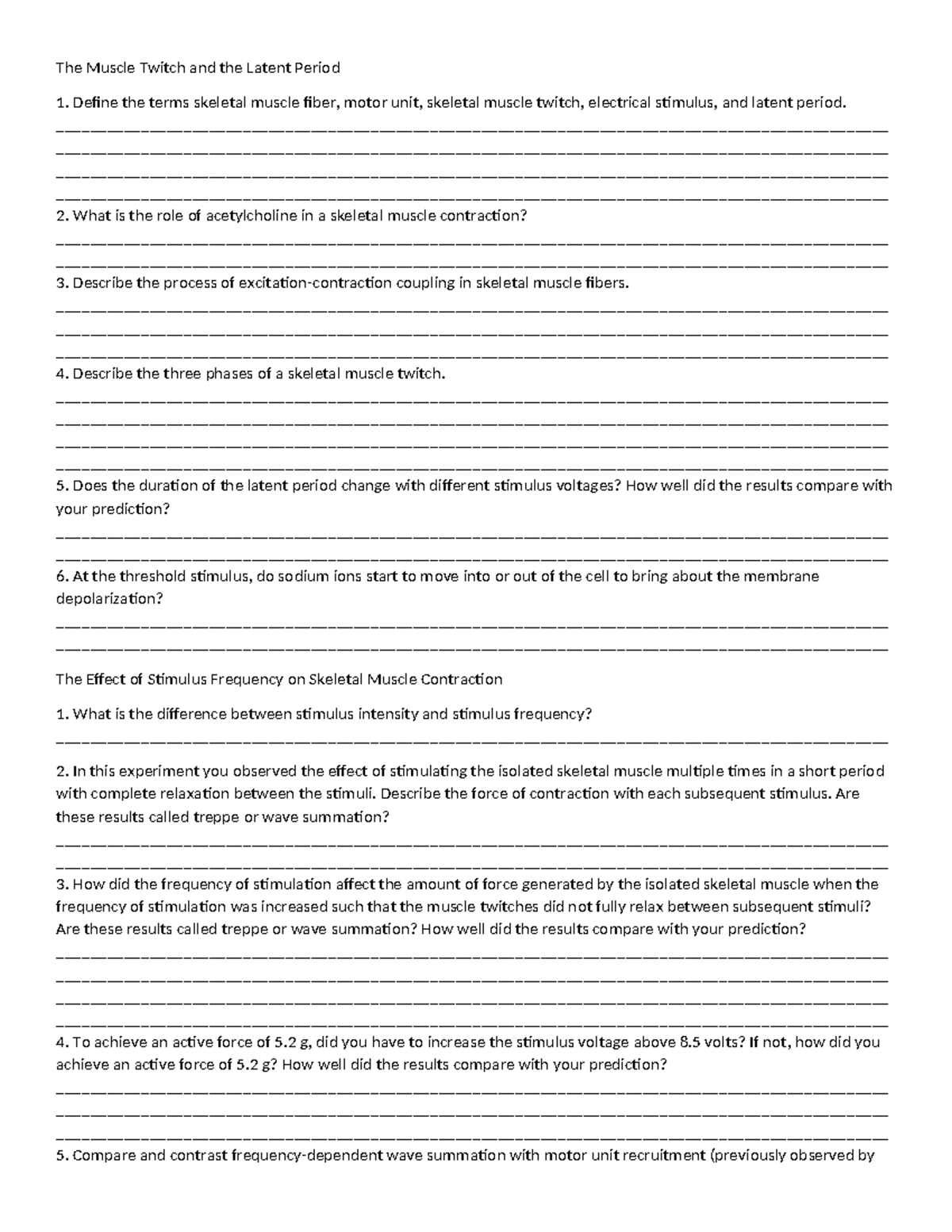 Physio Ex: Worksheet on Skeletal Muscle Physiology and Contractions ...
