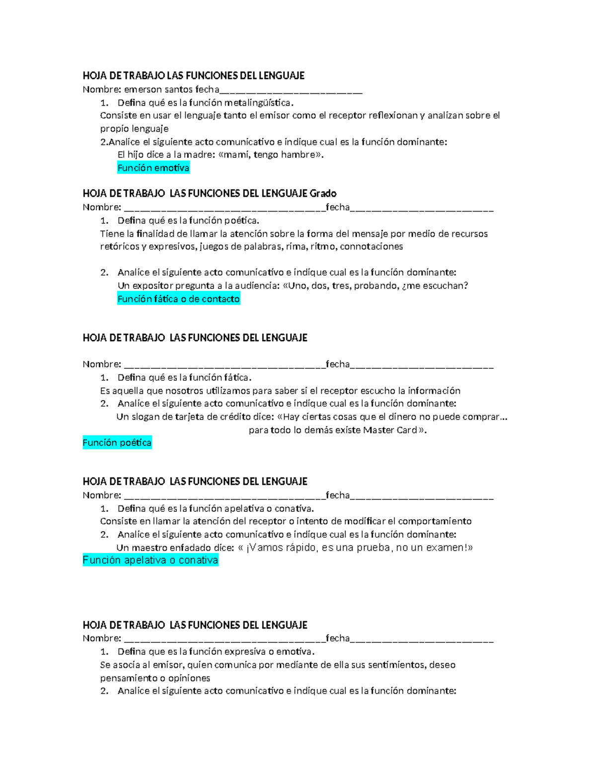 HOJA DE TRABAJO Funciones DEL Lenguaje - Análisis y Definiciones - Studocu