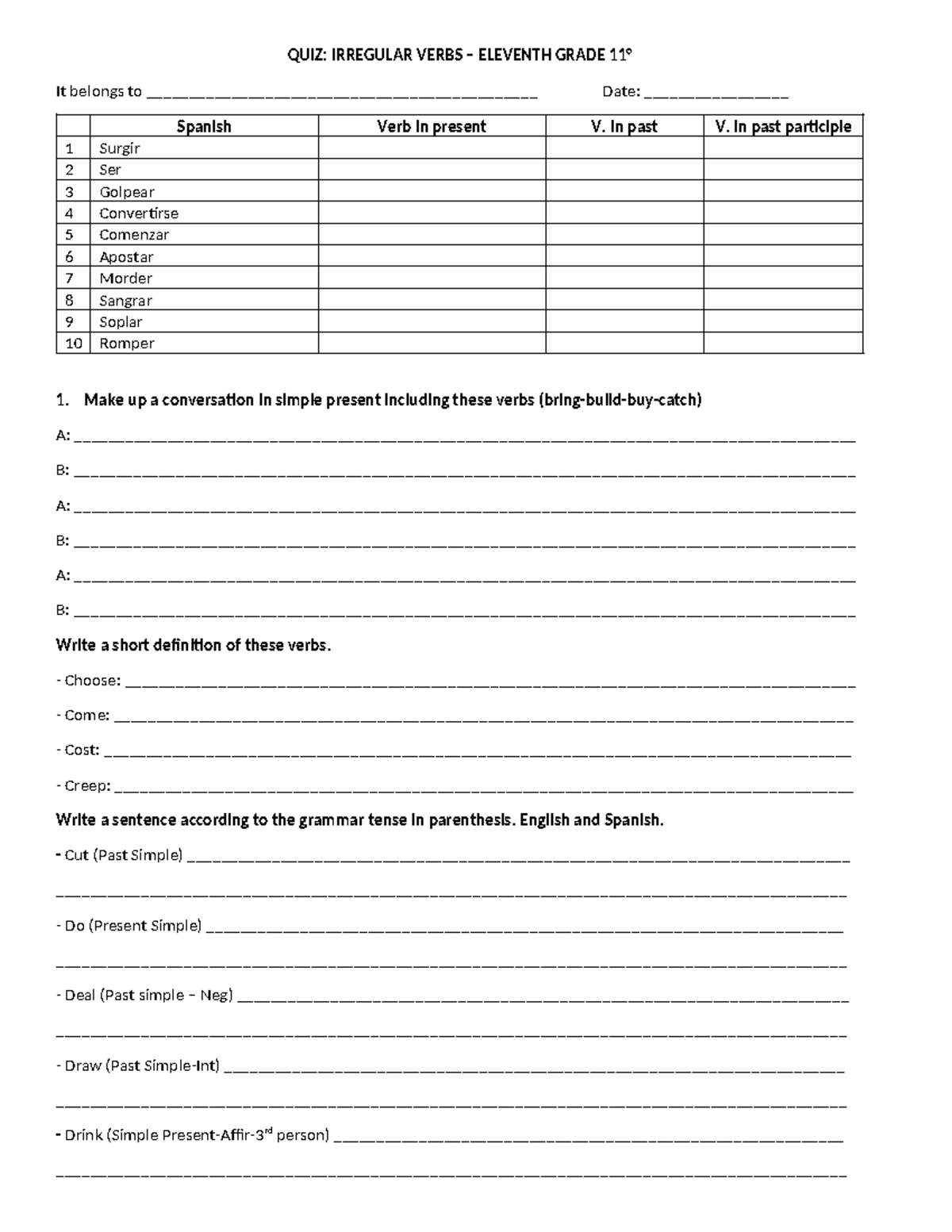 QUIZ: Irregular Verbs for 11th Grade - S5 - Studocu