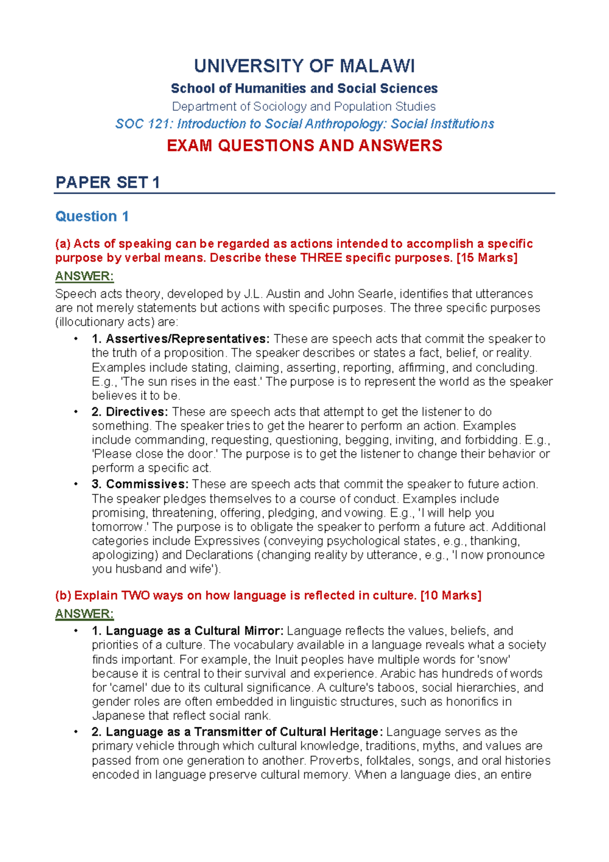 SOC 121: Exam Questions & Answers on Social Anthropology - Studocu