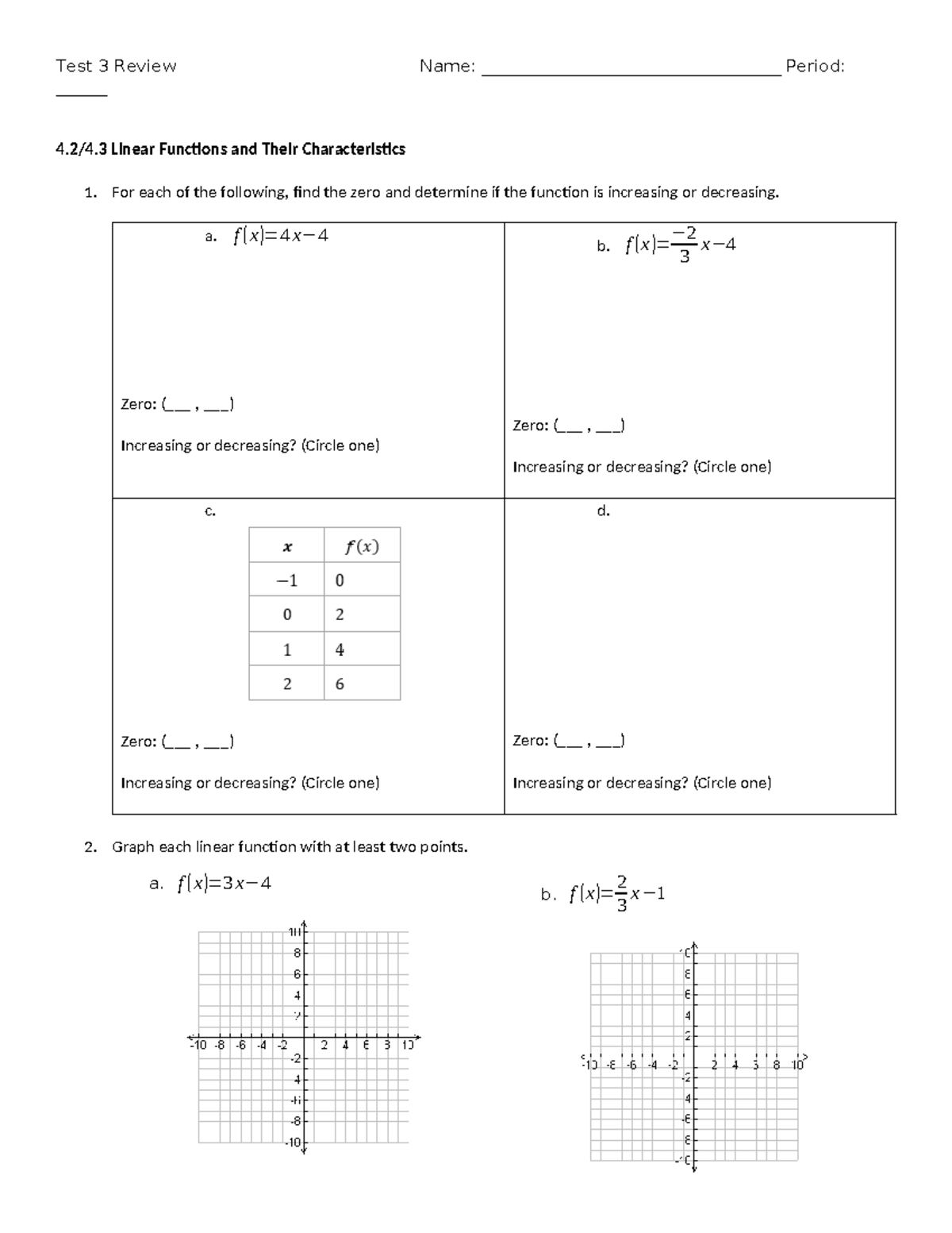 Test 3 Review: Linear Functions & Characteristics (Math 101) - Studocu