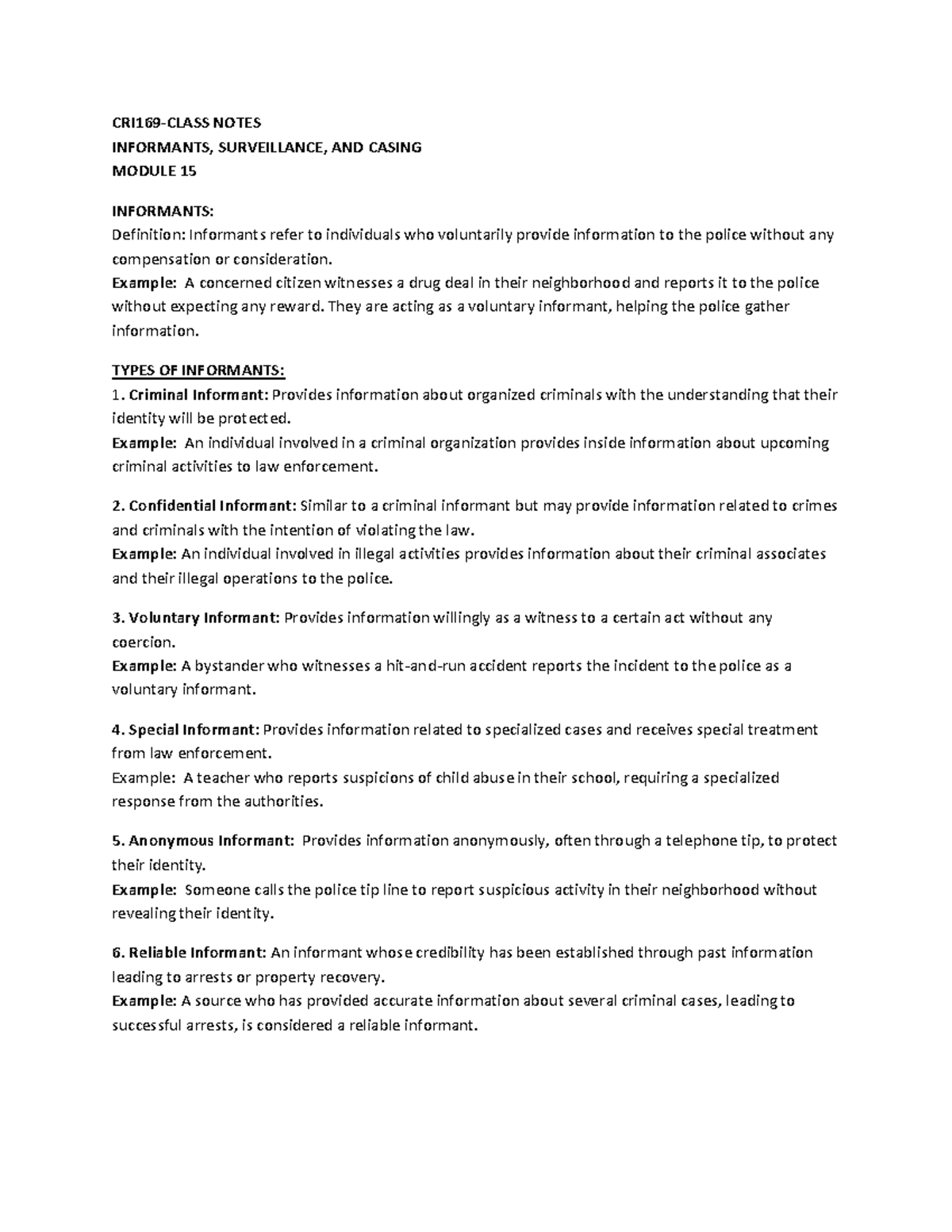 CRI169 P3 - Informants, Surveillance, and Casing Overview Notes - Studocu