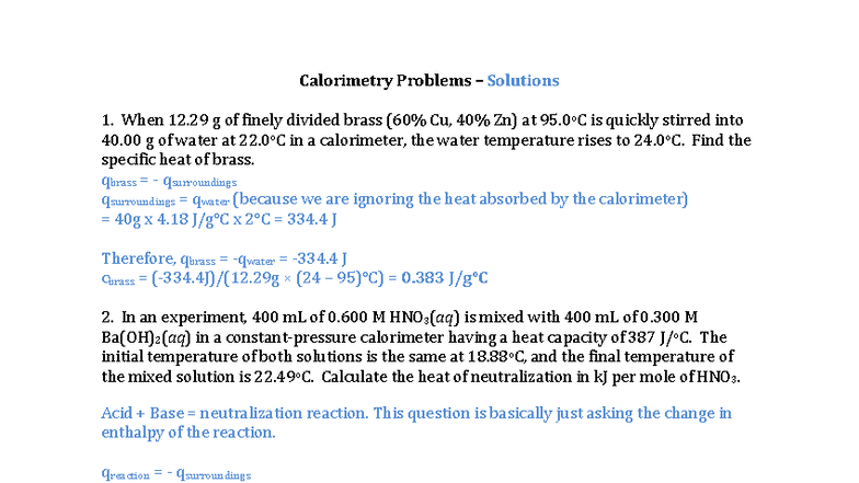 Chem-11-HL-Calorimetry Problem Solutions and Calculations - Studocu