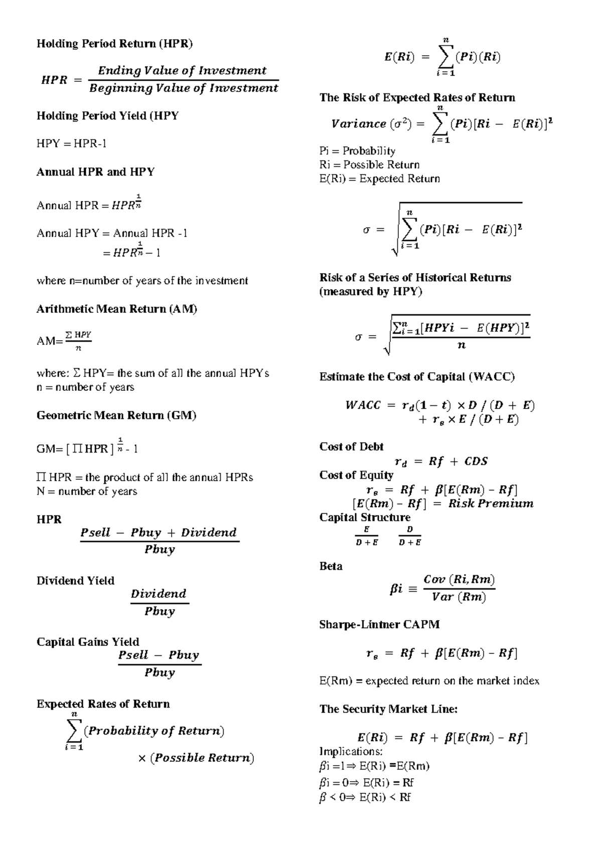 IA Formulas - Formula Sheet used for final - Holding Period Return (HPR ...