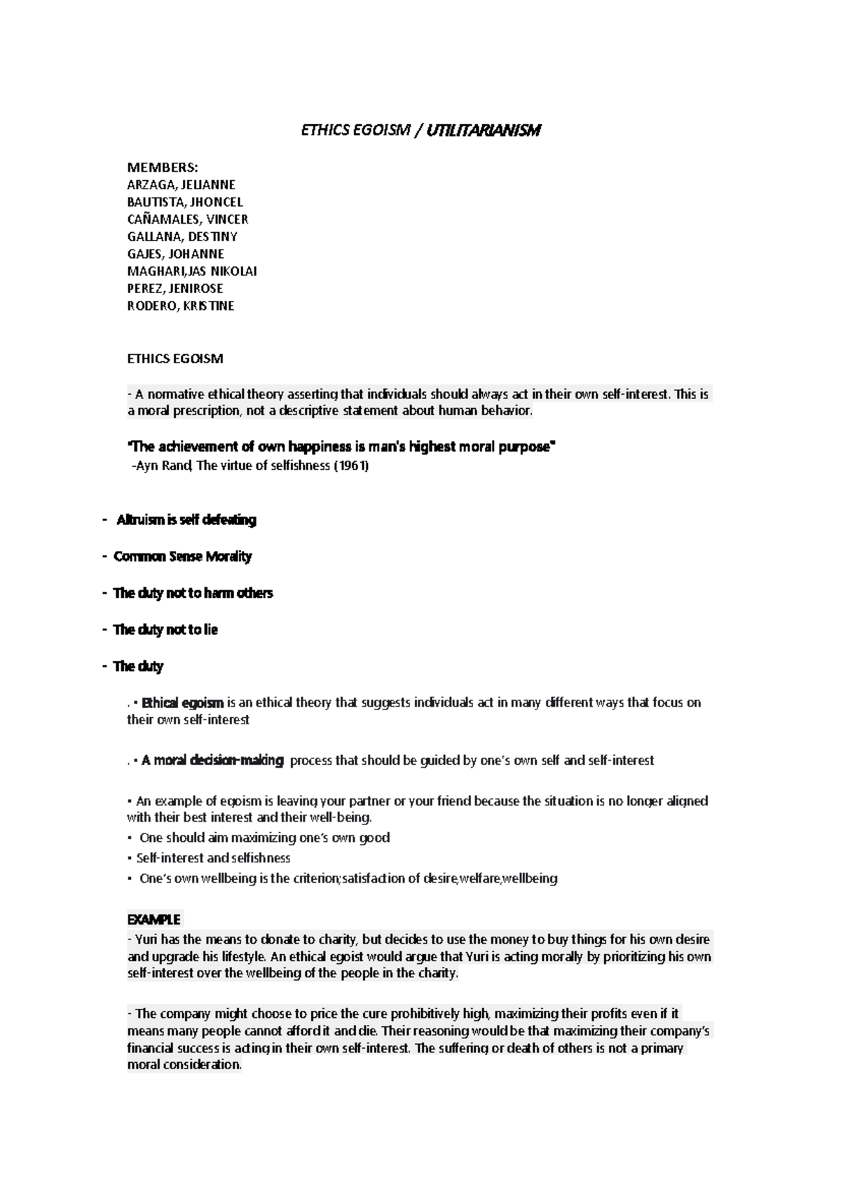 TM 1F: Ethics, Egoism, and Utilitarianism Lecture Notes - Studocu