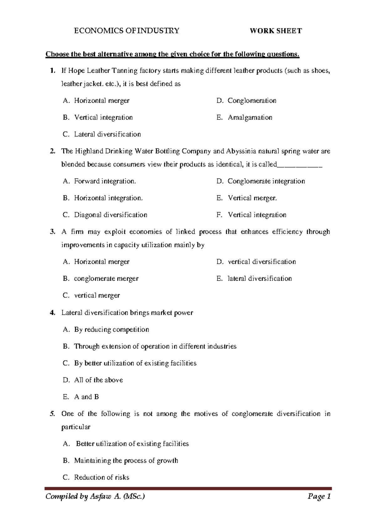 ECON 101: Economics of Industry Worksheet with Multiple Choice ...
