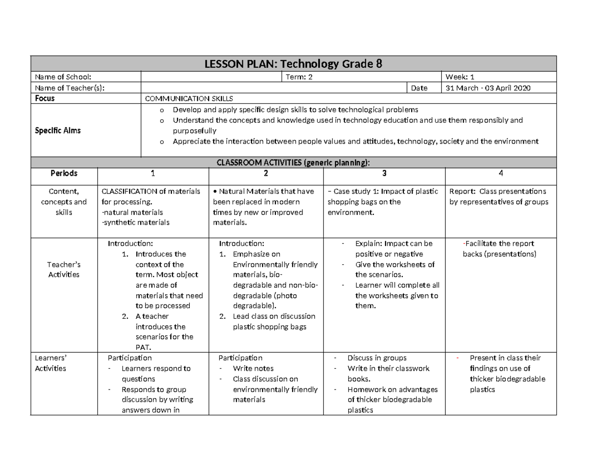 Technology Grade 8 TERM 2 Comprehensive Lesson Plans - Studocu