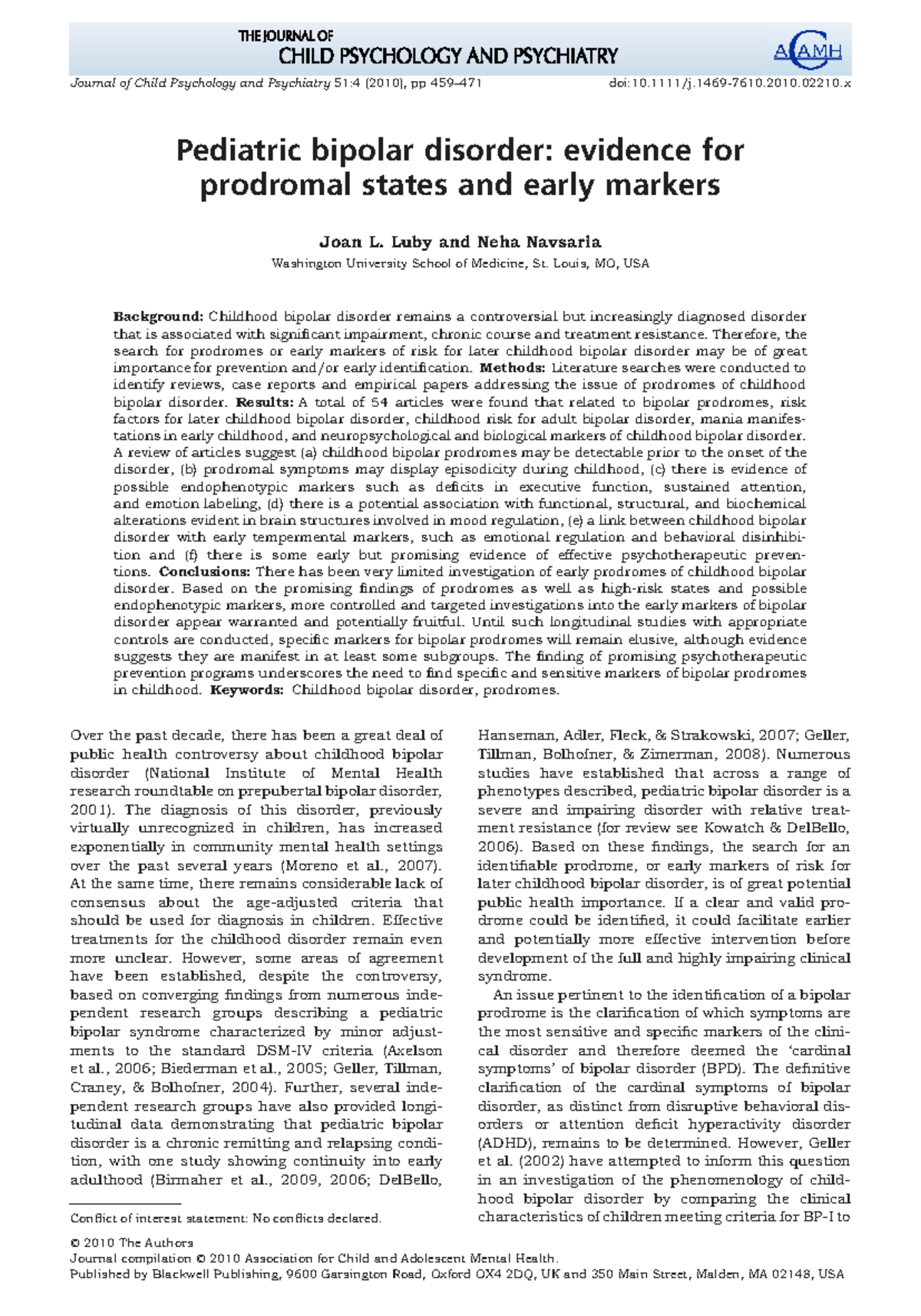 Pediatric Bipolar Disorder: Prodromal States & Early Markers Analysis ...