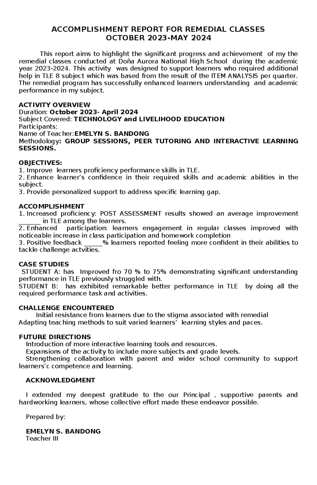 Accomplishment Report for Remedial Classes in TLE 8 (2023-2024) - Studocu