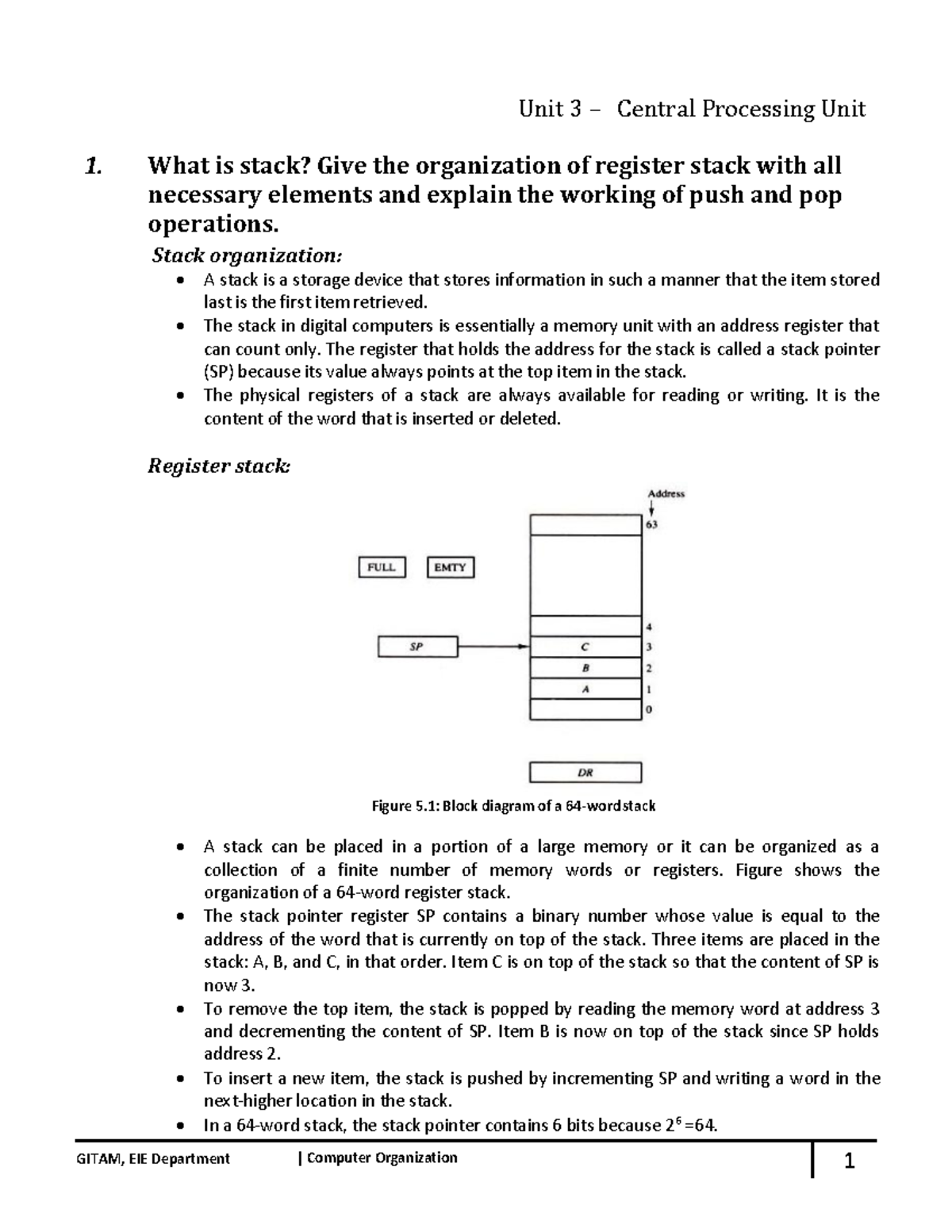 Unit 3: Central Processing Unit - Stack Organization & Instruction ...