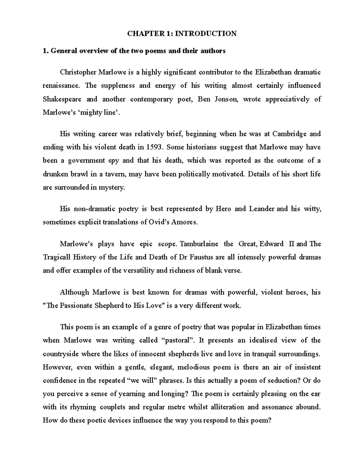 Comparative Analysis of Marlowe's & Raleigh's Pastoral Poems (ENG101 ...