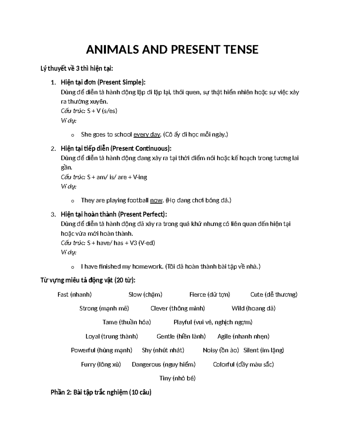 Animals and Present Tense: Theory and Exercises - Studocu