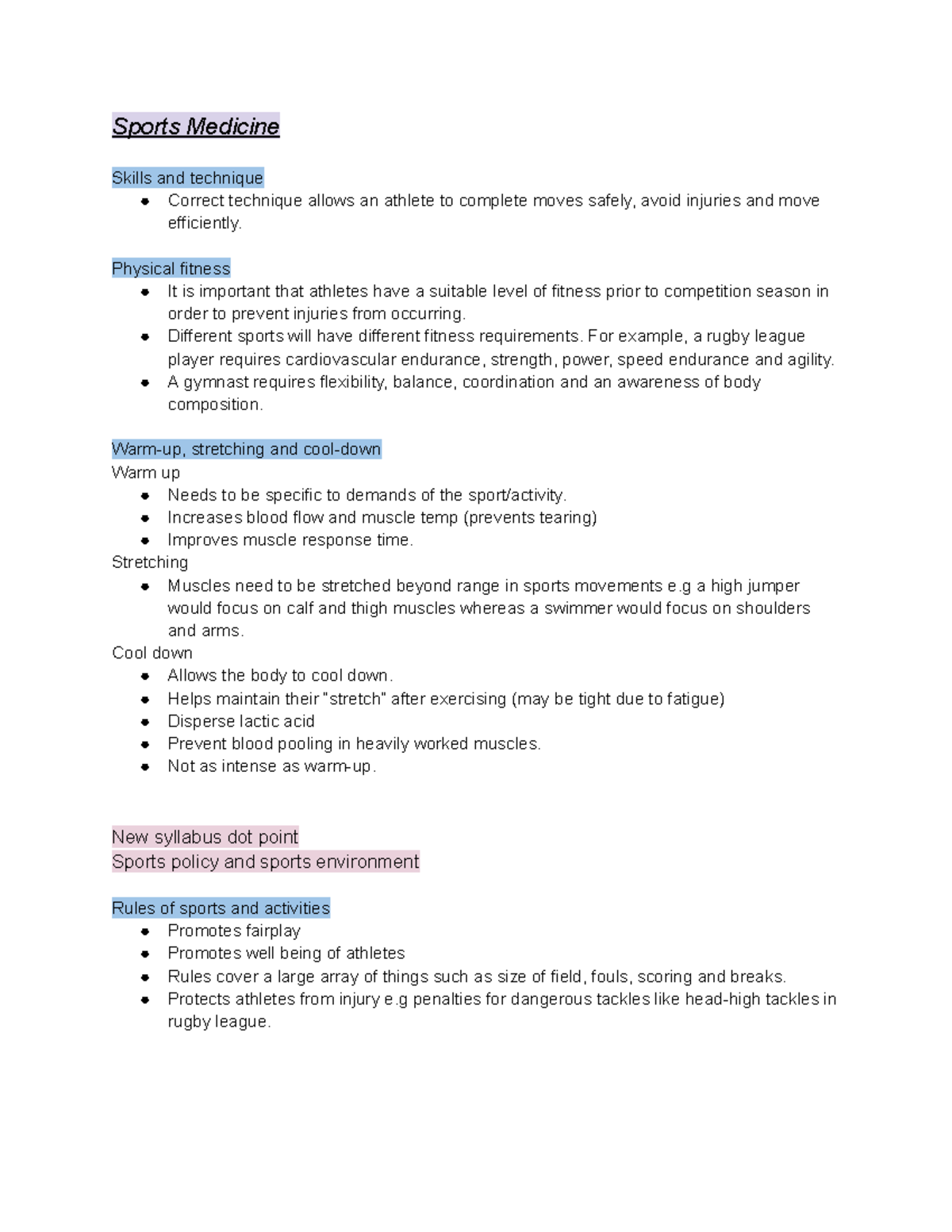 Sports Medicine PDHPE Notes: Techniques, Fitness, and Environmental ...