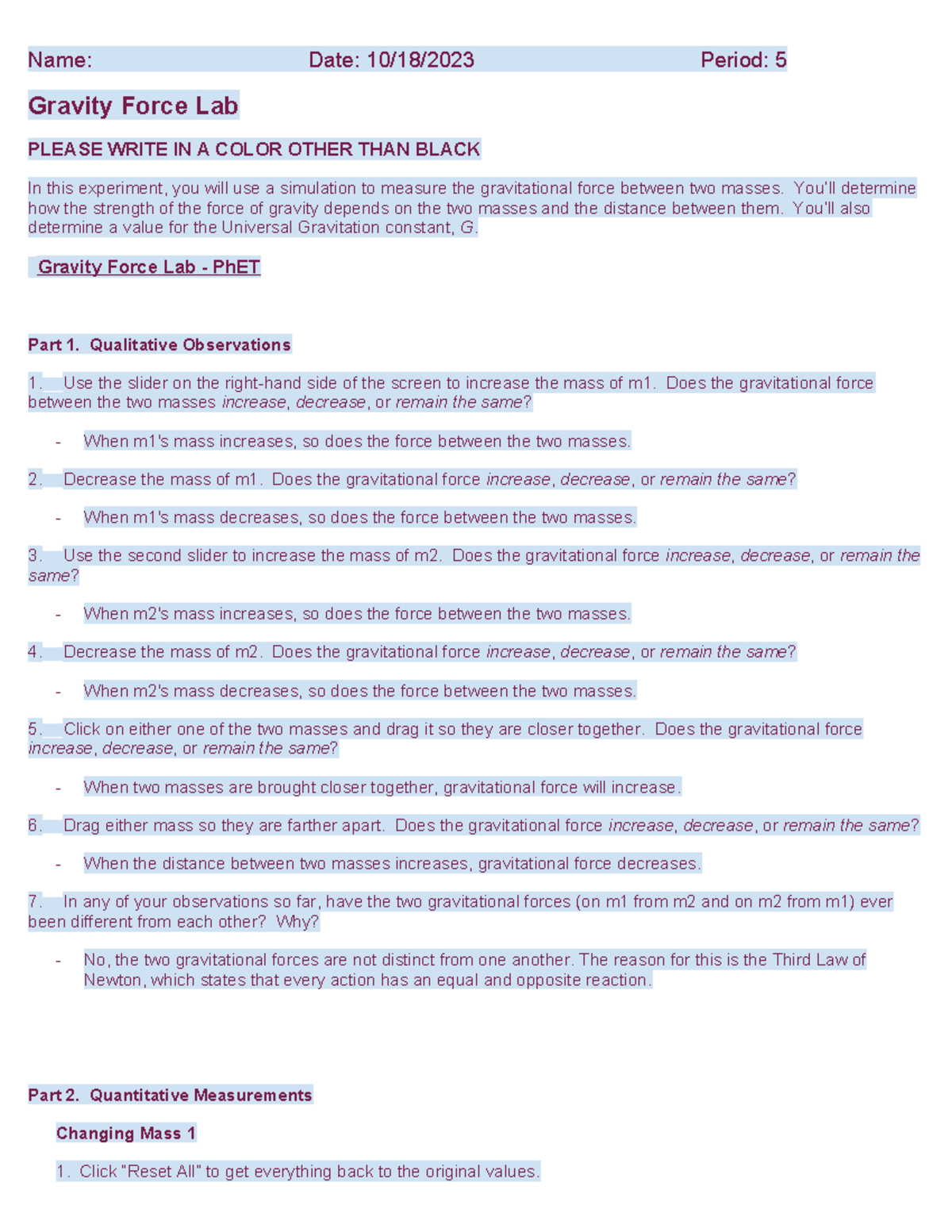 Gravity Force Lab (Physics 101): Exploring Gravitational Forces - Studocu