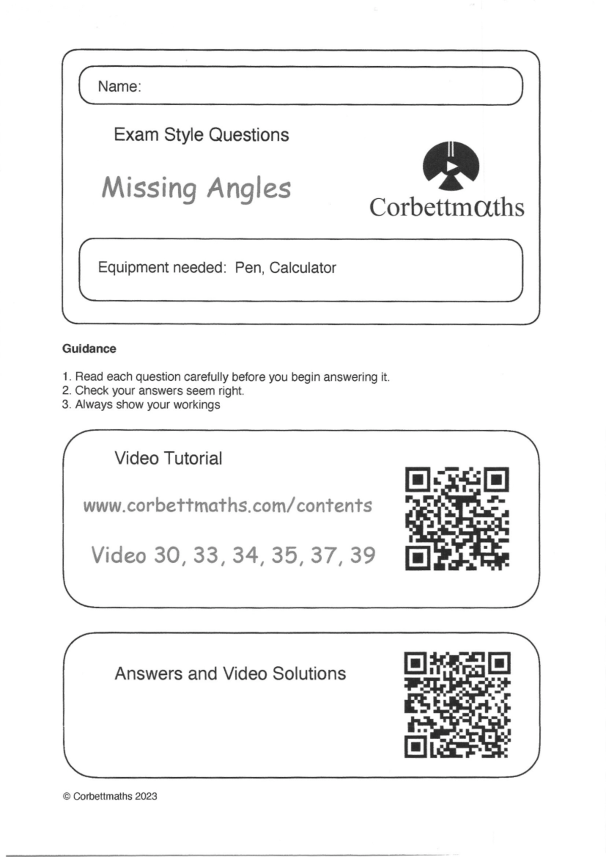 Missing-angles-answers - Name: Exam Style Questions Missing Angles Corbettmaths Equipment needed ...