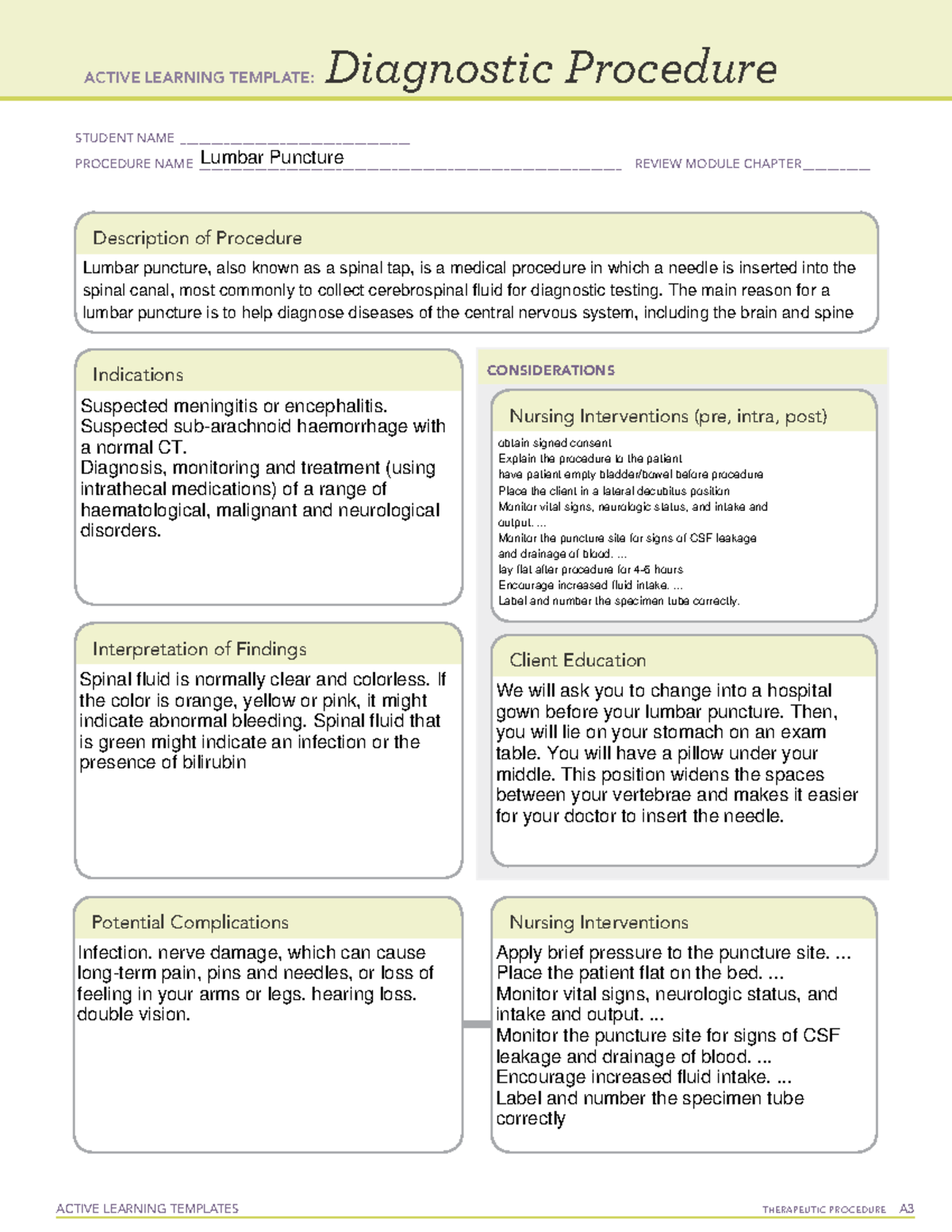 ATI Lumbar Puncture - Active Learning Template Guide - Studocu