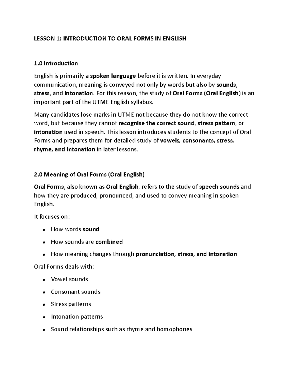 Lesson 1: Understanding Oral Forms in English for UTME Preparation ...