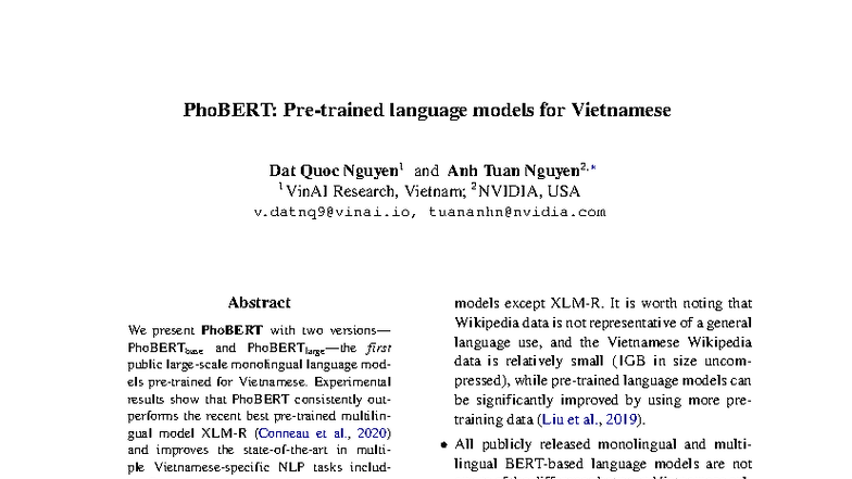 PhoBERT: Monolingual Language Models for Vietnamese NLP Tasks - Studocu