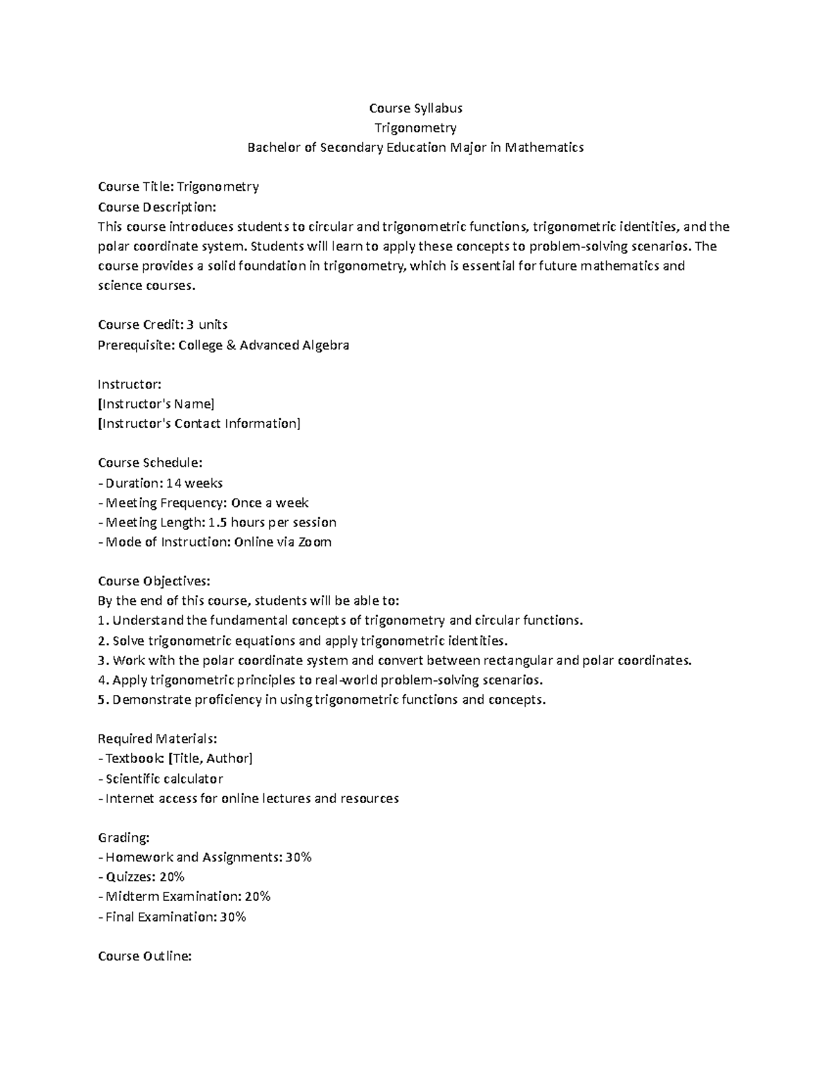 Trigonometry Outline - Course Syllabus Trigonometry Bachelor of ...