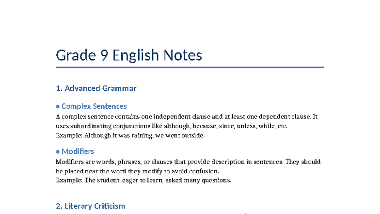 Grade 9 English Notes - Grade 9 English Notes 1. Advanced Grammar ...