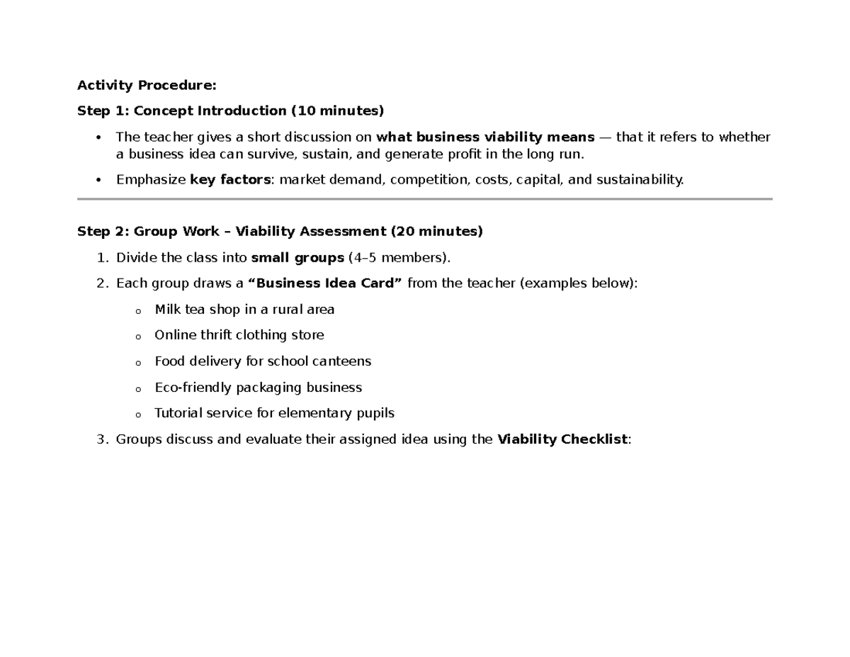 BUS 101: Activity on Business Viability Assessment and Group Work - Studocu