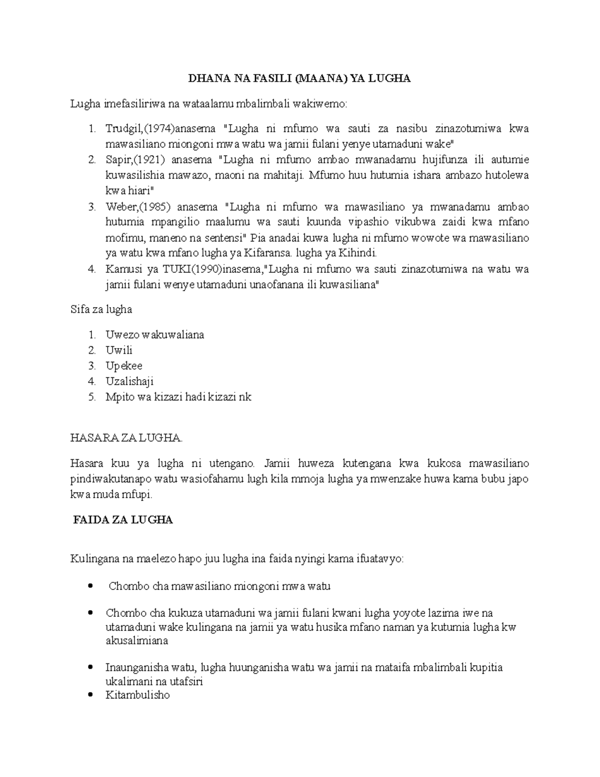 Masuala Muhimu Kuhusu Dhana ya Lugha na Umuhimu Wake - Studocu